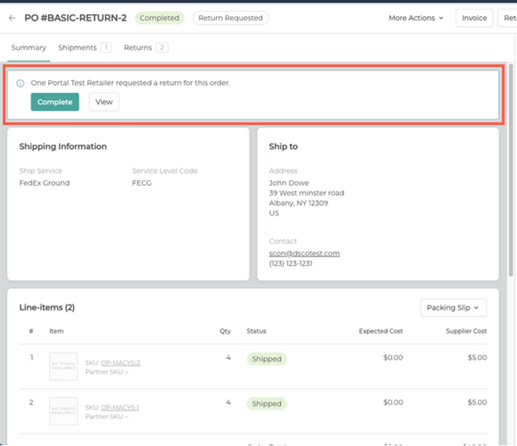 Completing a return from Orders Beta