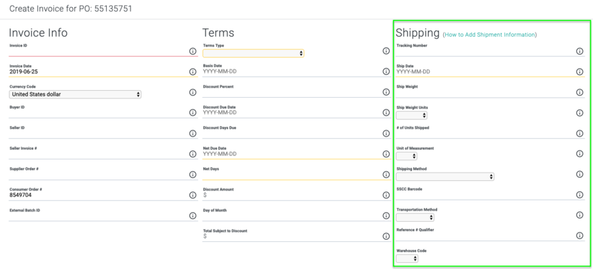 Adding shipment information to an order with an invoice