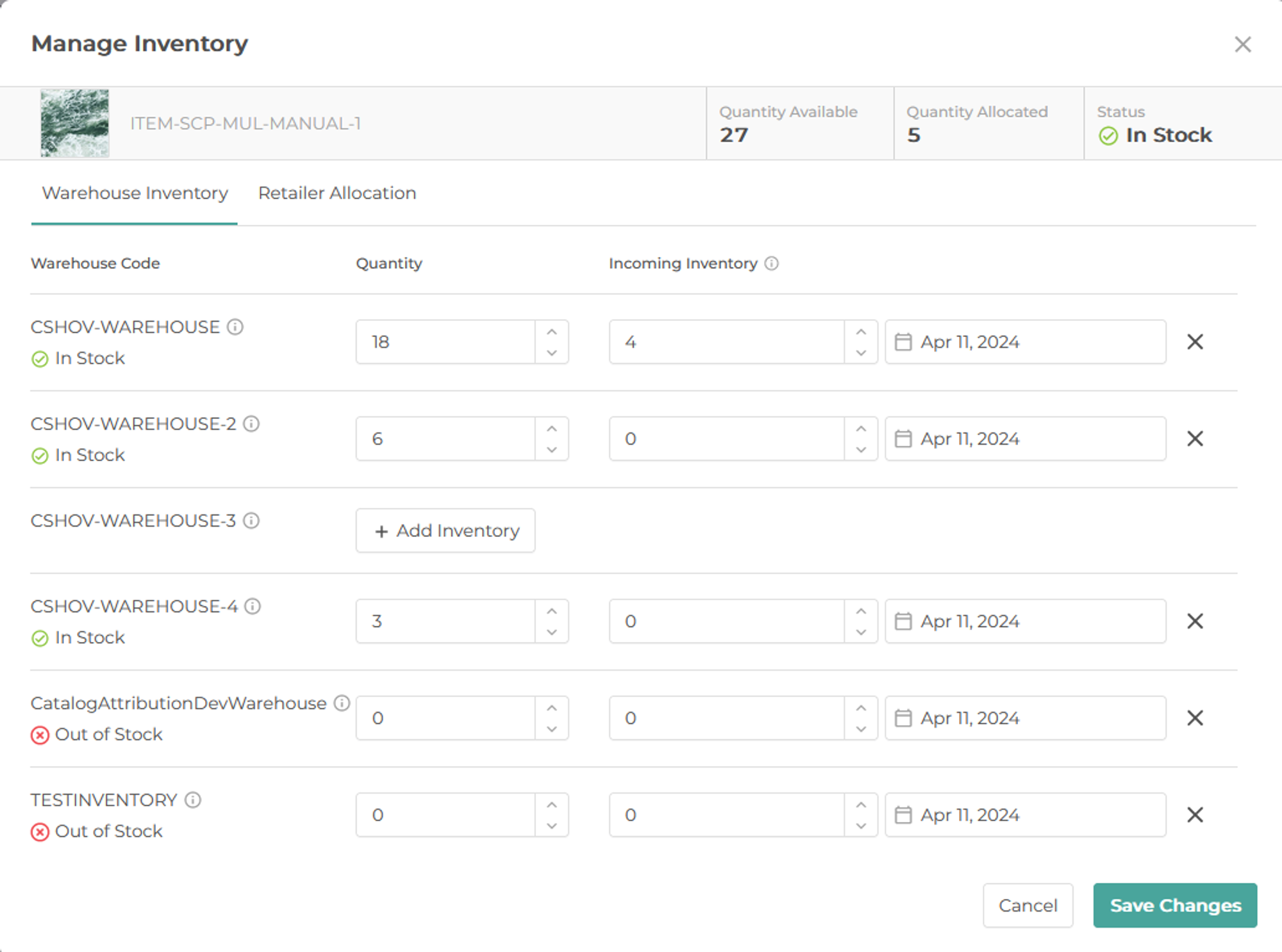 Managing inventory quantities for your warehouses